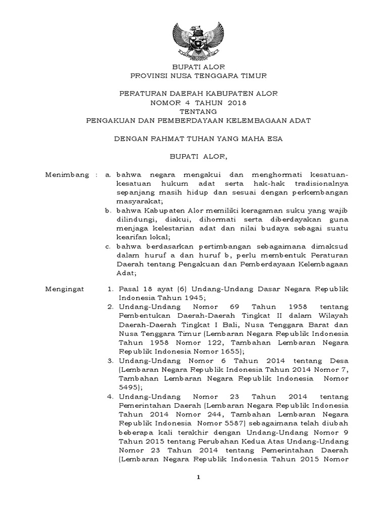 Perda Kelembagaan Adat | PDF | Politik