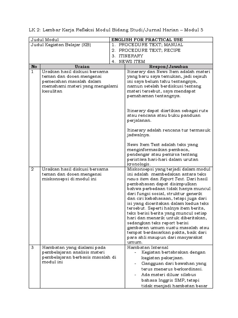 LK 2 - Lembar Kerja Refleksi Modul Bidang StudiJurnal Harian | PDF