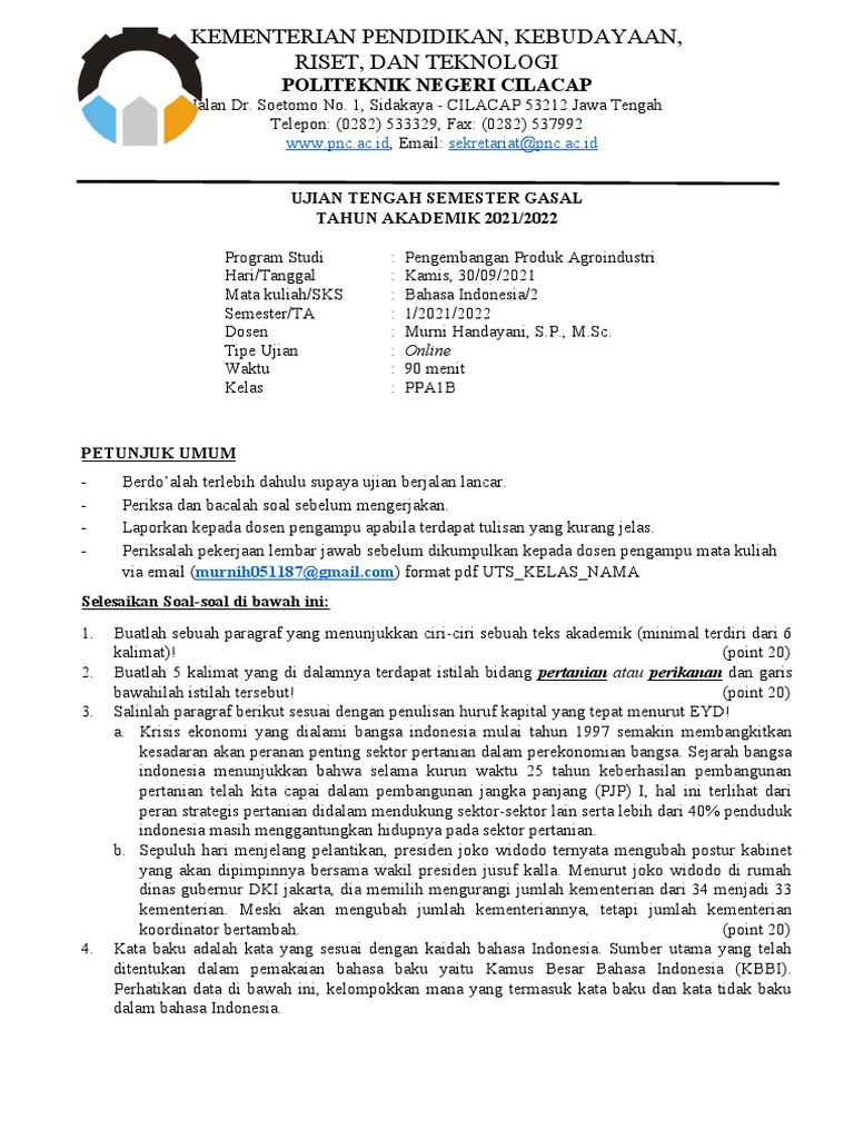 Contoh Soal PPA - UTS BAHASA INDONESIA PPA 1B | PDF