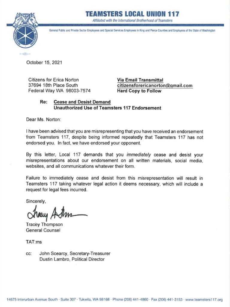 Teamsters Letter To Norton Campaign | PDF