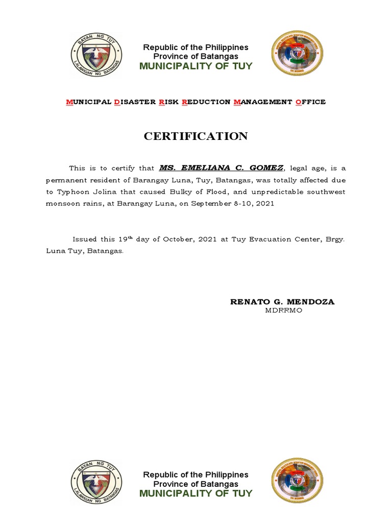 Typhoon Calamity Certification for Tuy | PDF
