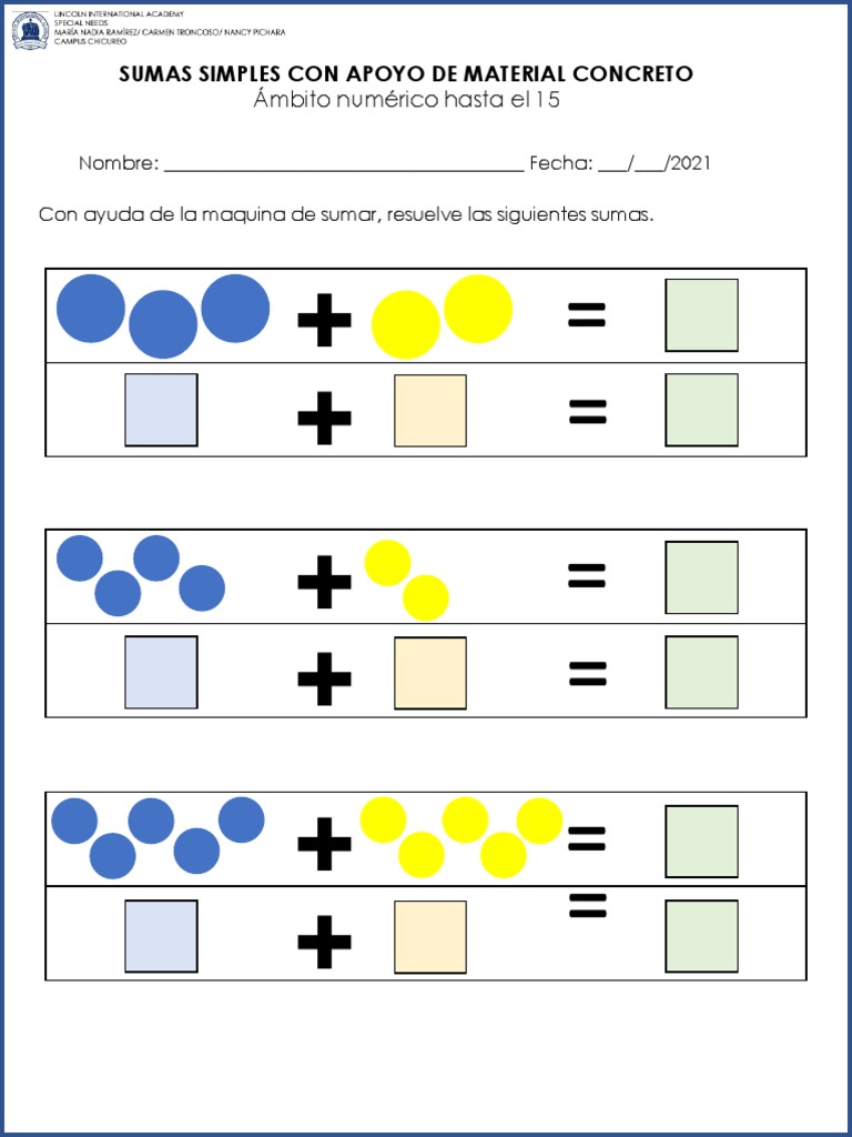 Sumas Simples Con Apoyo Pictórico Ambito Numerico Hasta El 15 | PDF