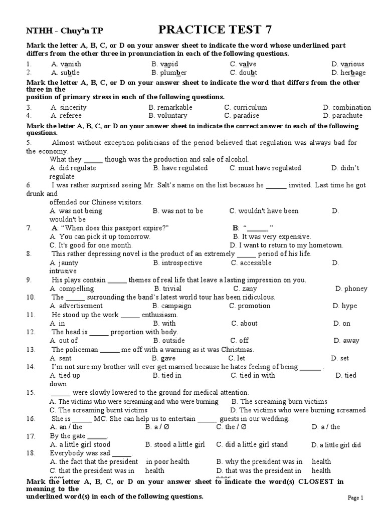 Practice Test 7 | PDF | Satire | Mathematics