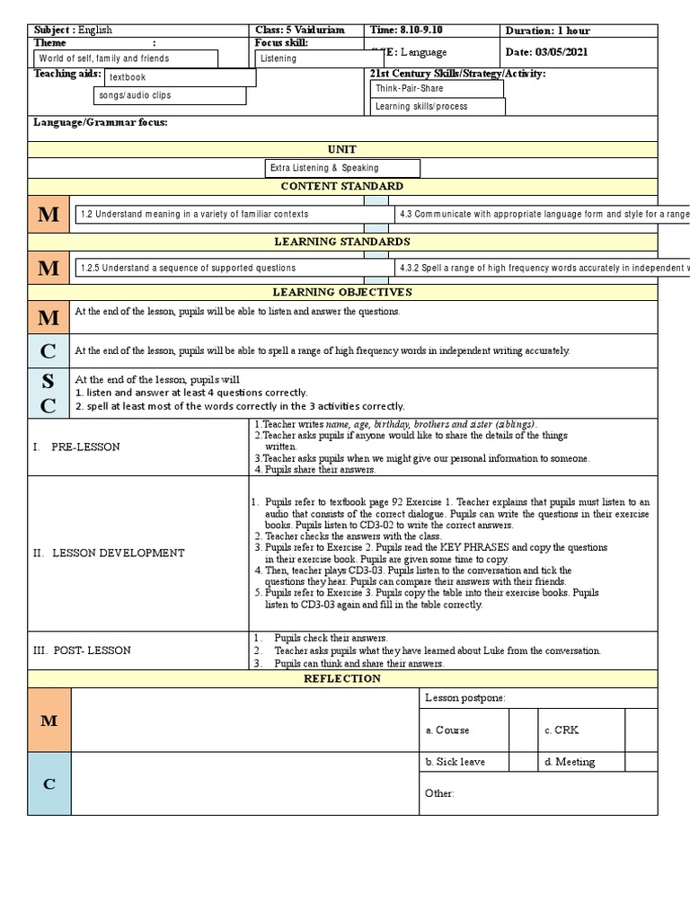 Lesson Plan English Year 5 | PDF | Teachers | Learning