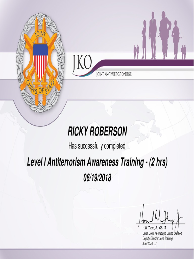 Ricky Roberson: Level I Antiterrorism Awareness Training - (2 HRS) | PDF