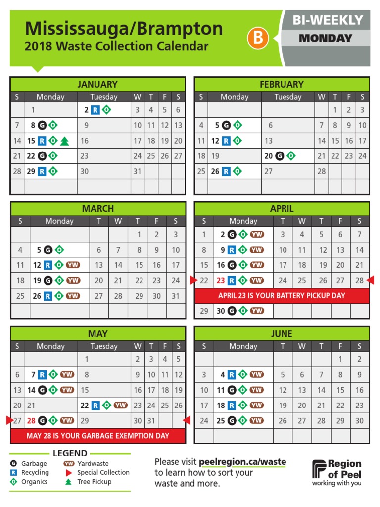 Mississauga/Brampton: 2018 Waste Collection Calendar | Download Free ...
