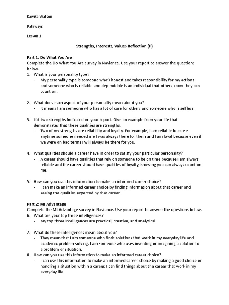 Lesson 1b P - Strengths Interests Values Reflection | PDF | Cognitive Science | Cognition