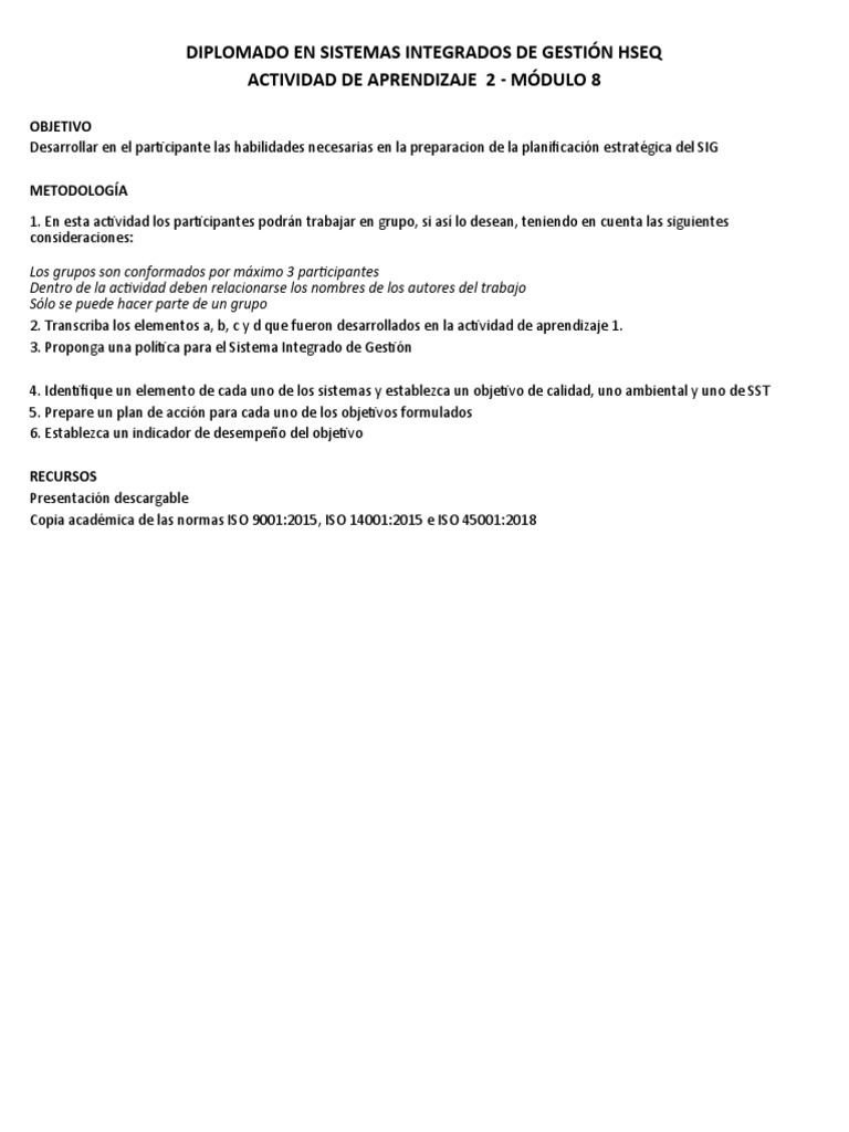 Diplomado en Sistemas Integrados de Gestión Hseq Actividad de Aprendizaje 2 - Módulo 8 | PDF ...