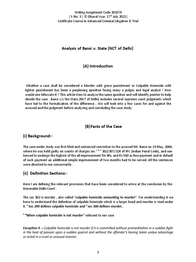 Bansi Vs The State Case Analysis 4 | PDF | Murder | Judgment (Law)