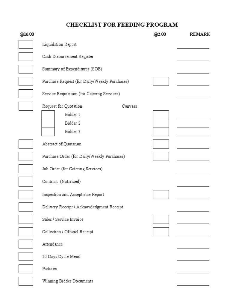 Checklist For Feeding Program: @16.00 @2.00 Remarks | PDF | Receipt ...