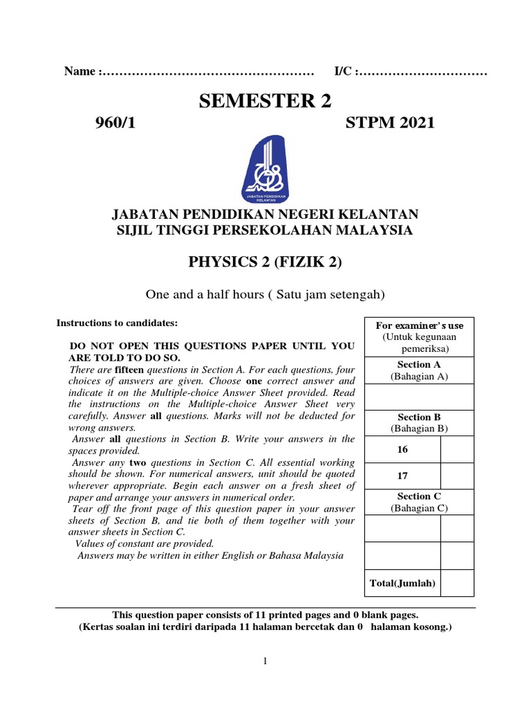 Modul STPM Semester 2 STPM Tahun 2021 Physics JPN Kelantan | PDF ...