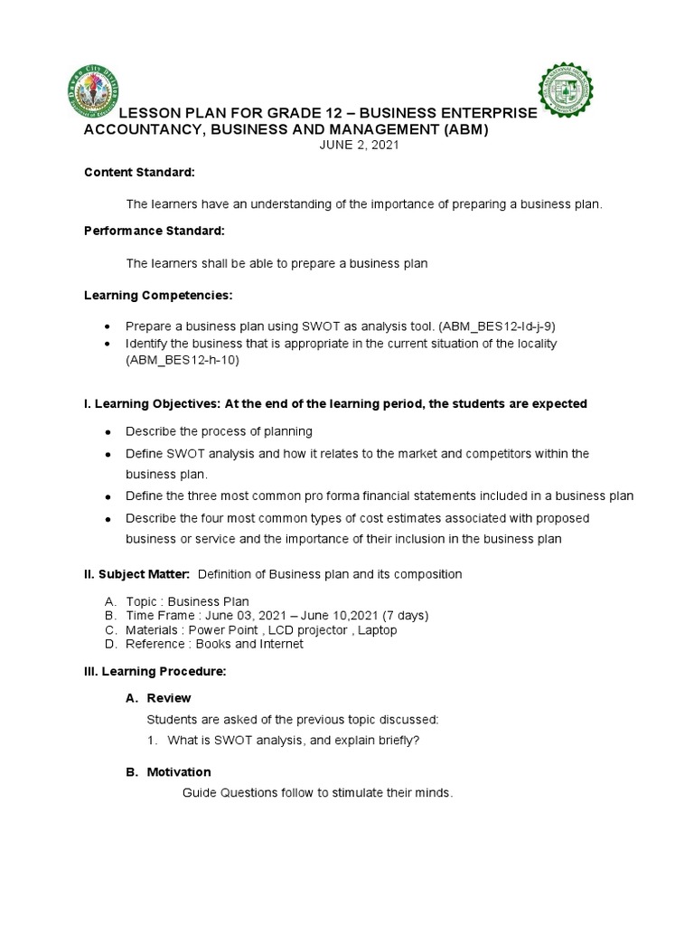 Grade 12 ABM Business Plan Lesson | PDF | Lesson Plan | Learning