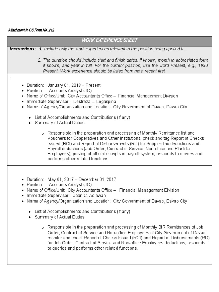 Work Experience Sheet CS Form No. 212 | PDF | Payroll | Payments