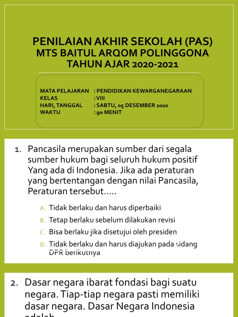 Soal PAS PPKn Kelas VIII MTS | PDF | Hukum