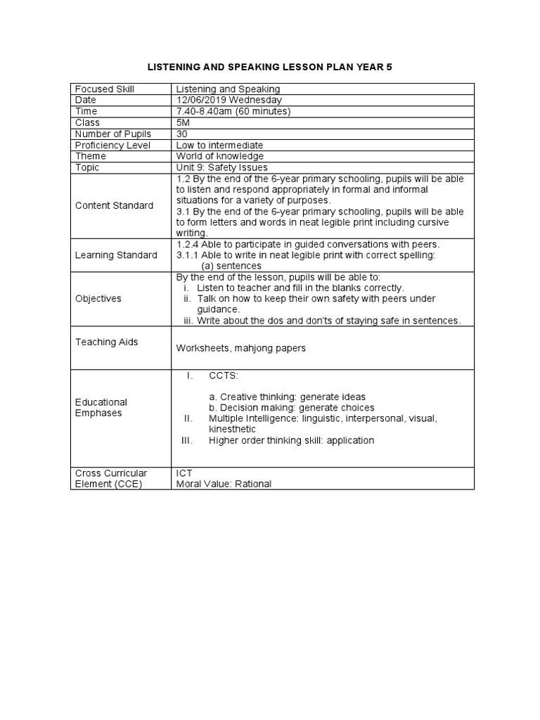 Listening and Speaking Lesson Plan Year 5 | PDF | Lesson Plan | Teachers