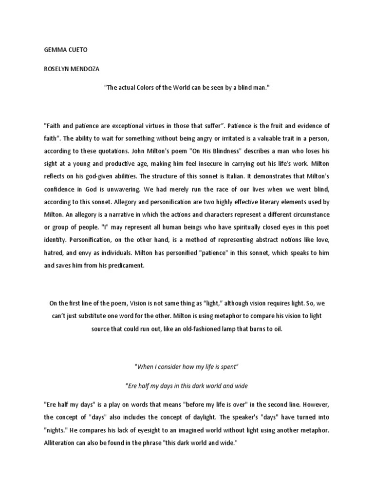 "When I Consider How My Life Is Spent" "Ere Half My Days in This Dark ...