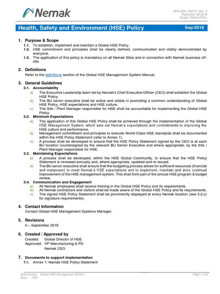 Health, Safety and Environment (HSE) Policy: 1. Purpose & Scope | PDF ...