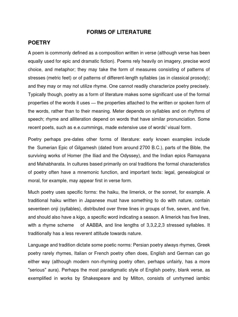 Forms of Literature | PDF | Poetry | Epic Poetry