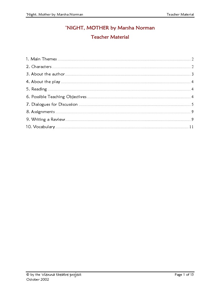 NIGHT, MOTHER by Marsha Norman. Teacher Material | PDF