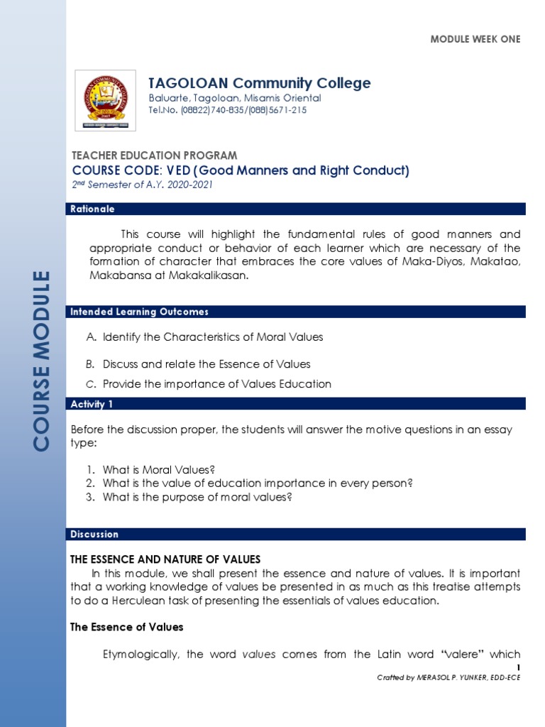 Values Education Module | PDF | Morality | Value (Ethics)