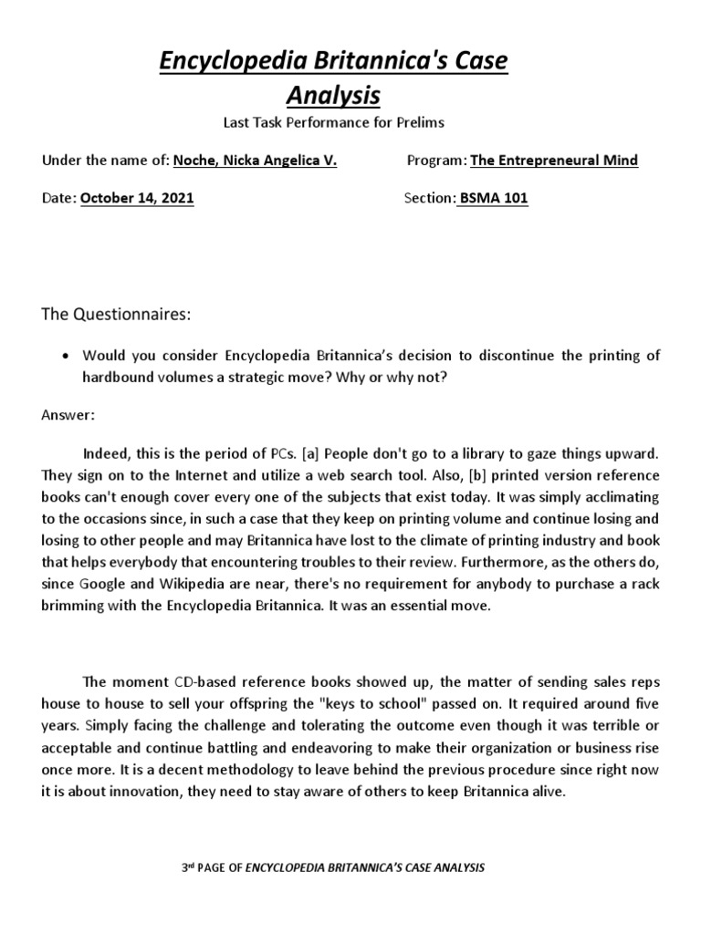 Encyclopedia Britannica's Case Analysis: The Questionnaires | PDF ...