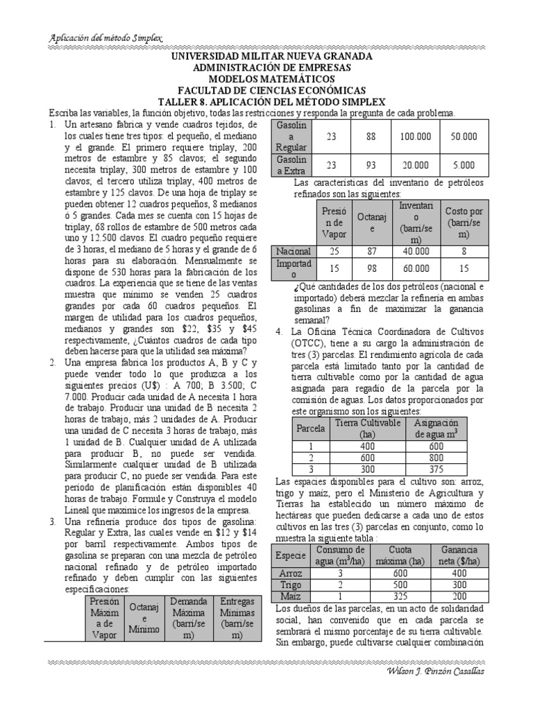 Taller 8. Aplicación Método Simplex | PDF | Compartir (Finanzas) | Fertilizante