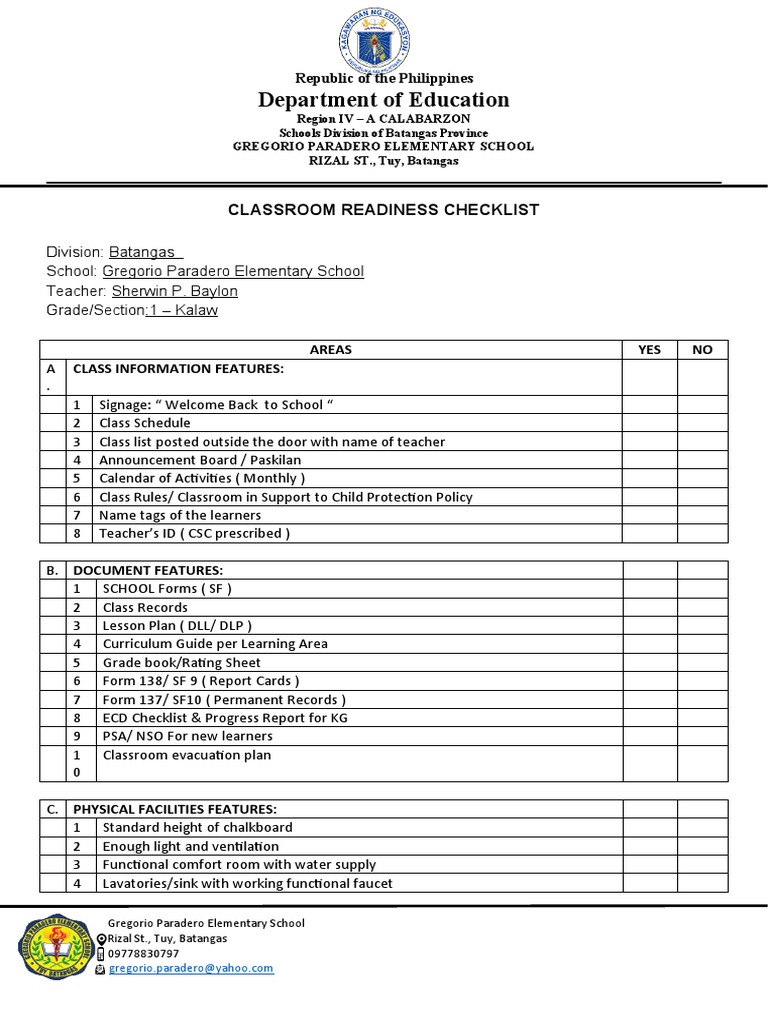 Department of Education: Classroom Readiness Checklist | PDF | Classroom