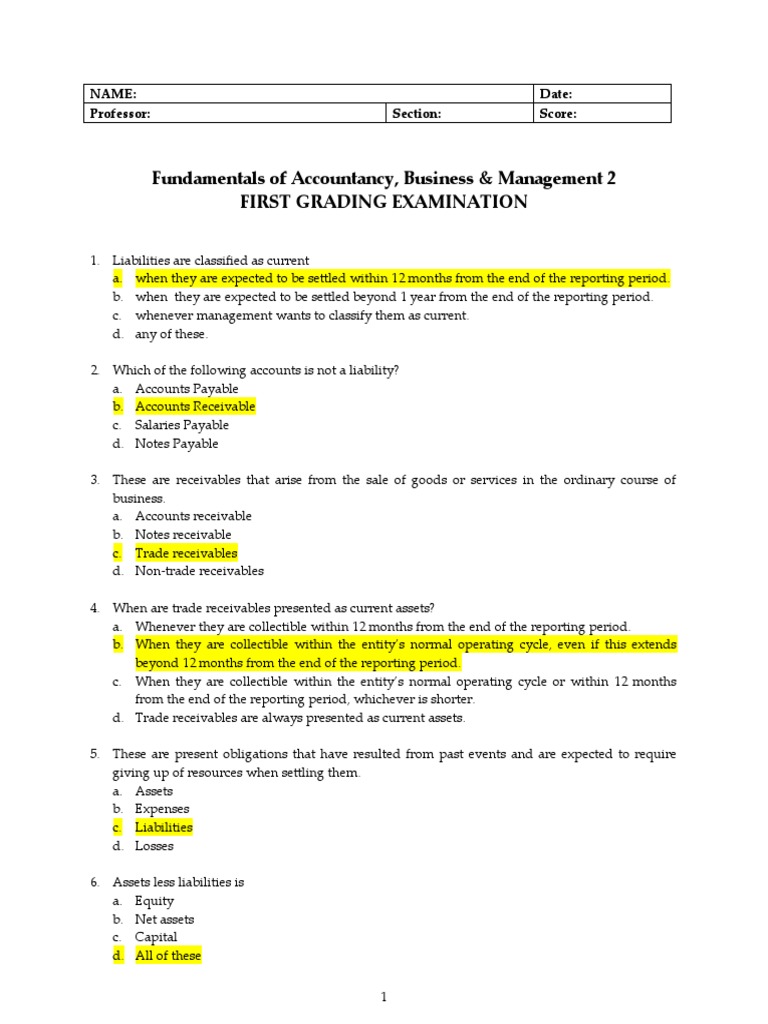 First Grading Examination - Key Answers | PDF | Balance Sheet | Expense