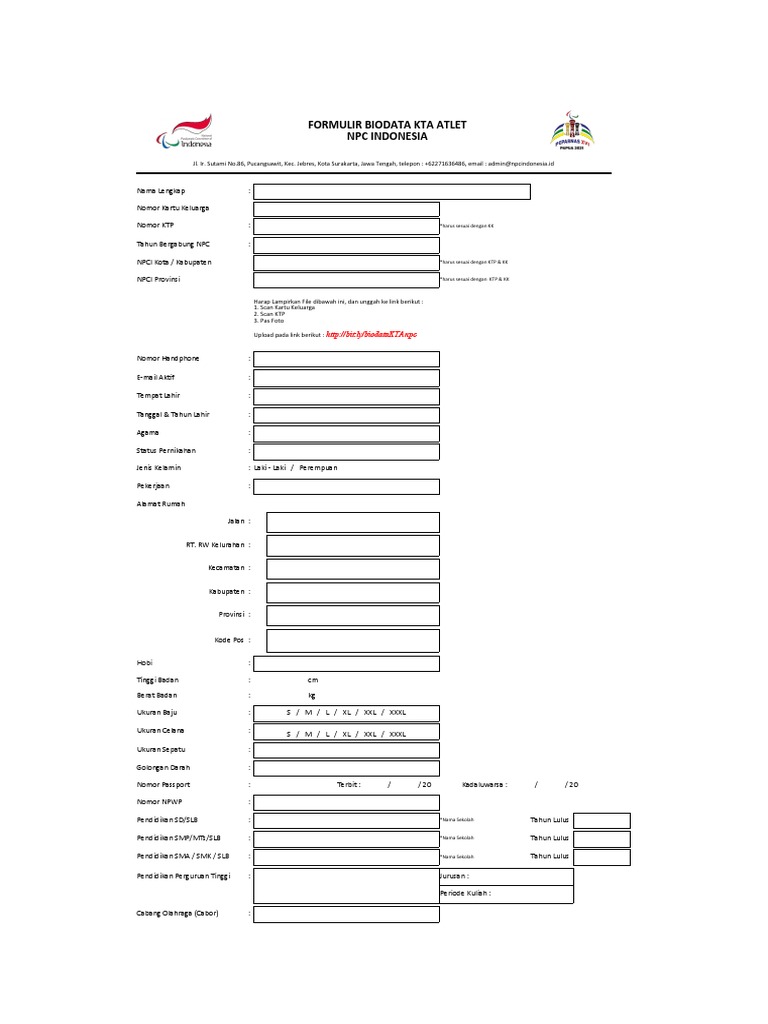 Form Pengisian Biodata Atlet NPC | PDF