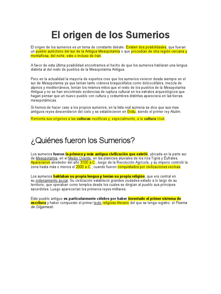 Texto Sumerio Antiguo El Origen De Los Sumerios | PDF | Sumeria