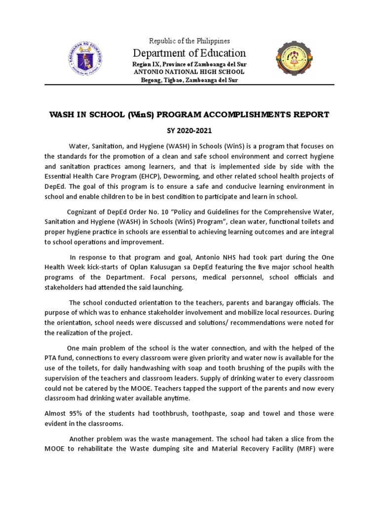 Wins Narrative Report | PDF | Wash | Hygiene