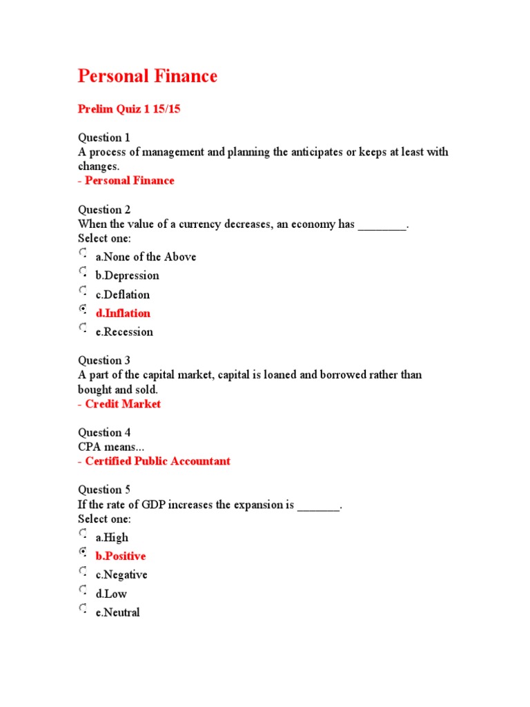 Personal Finance: Prelim Quiz 1 15/15 | PDF | Recession | Labour Economics