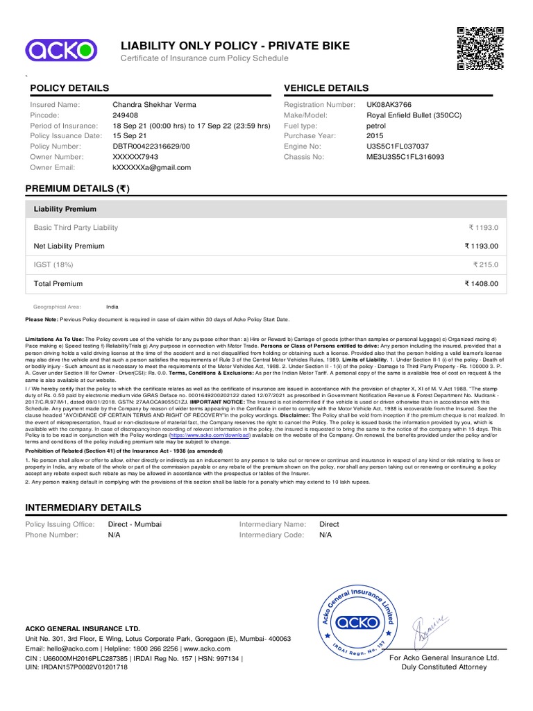 UK08AK3766 - Acko Insurance Policy | PDF | Insurance | Civil Law (Legal ...