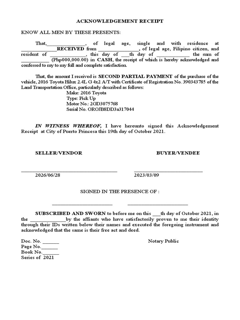 Acknowledgement Receipt Sample Format Deed of Sale of Motor Vehicle | PDF