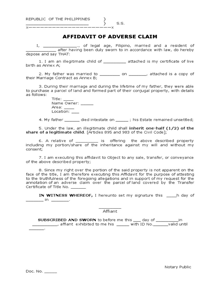 Affidavit of Adverse Claim (Objection To The Sale of Inheritance) | PDF