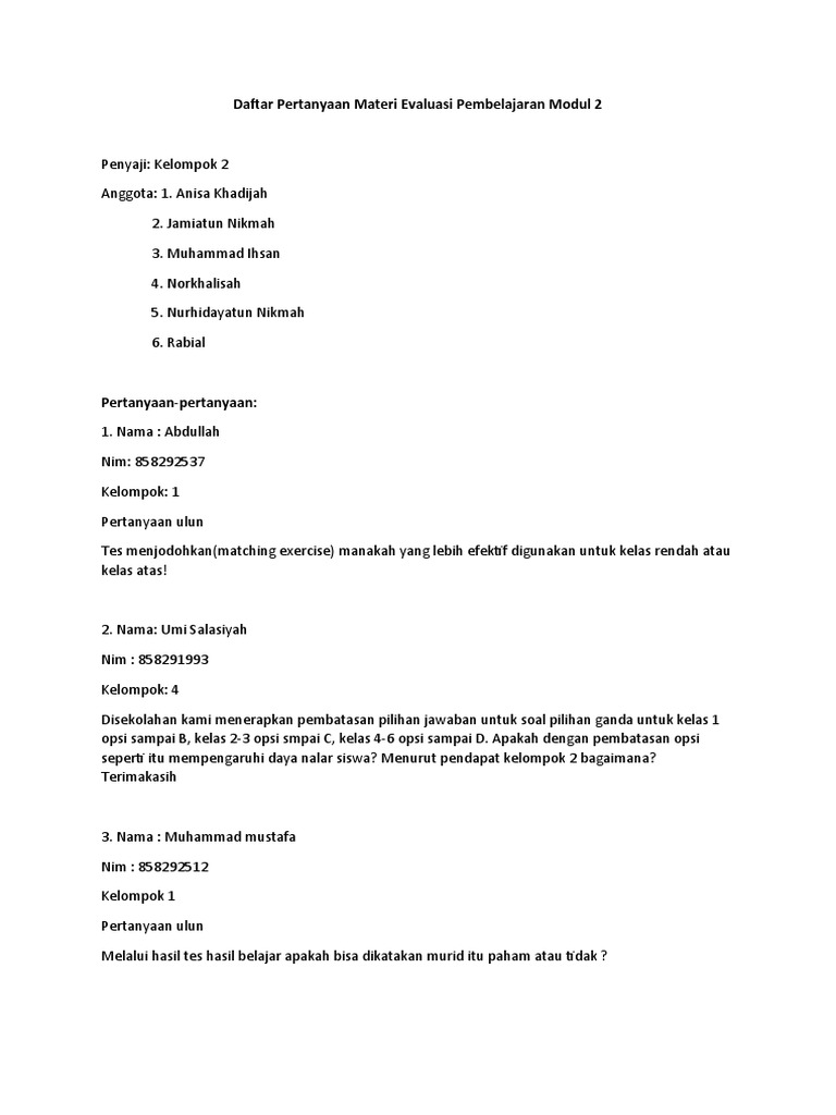 Daftar Pertanyaan Evaluasi Pembelajaran | PDF | Kesehatan Holistik