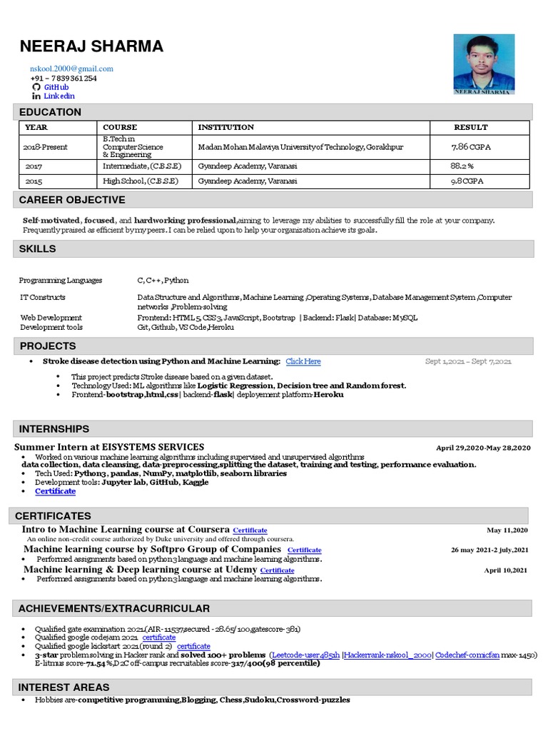 Neeraj Sharma: Github Linkedin | Download Free PDF | Machine Learning | Computer Programming