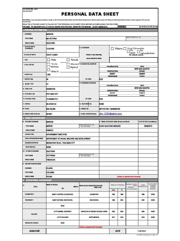 PDS MARAON - CS Form No - 212 Personal Data Sheet Revised | PDF ...