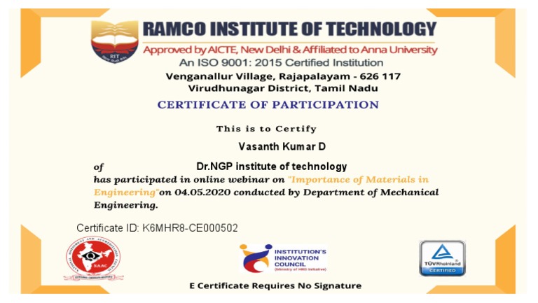 Certificate For VASANTH KUMAR D For - Assessment On - Importance of Materials in Engineering ...