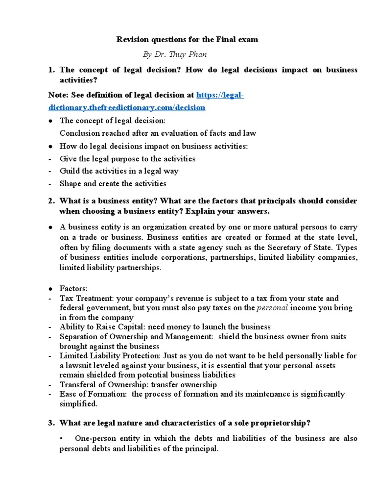 FINAL Exam Revision Questions | Download Free PDF | Limited Liability ...