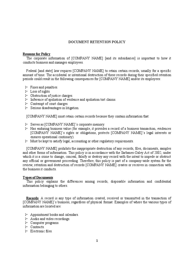 Document Retention Policy Template | PDF | Records Management | Employment
