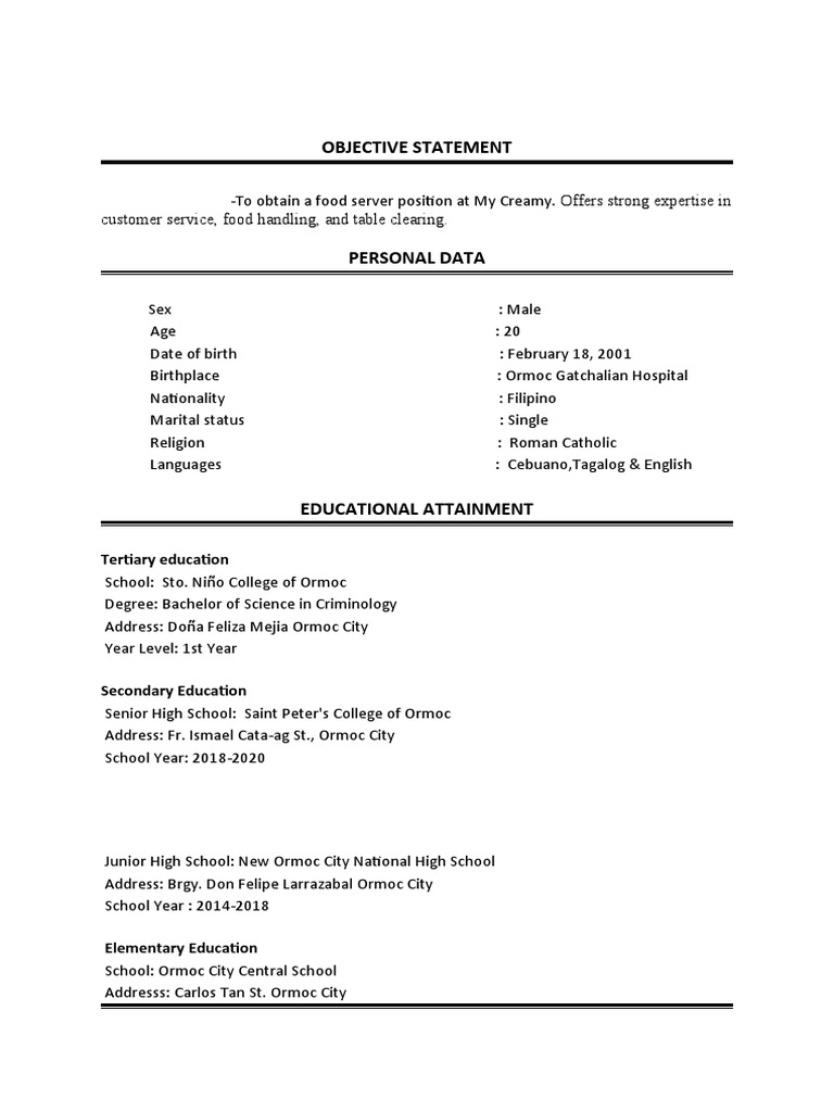 Objective Statement: Tertiary Education School: Sto. Niño College of ...