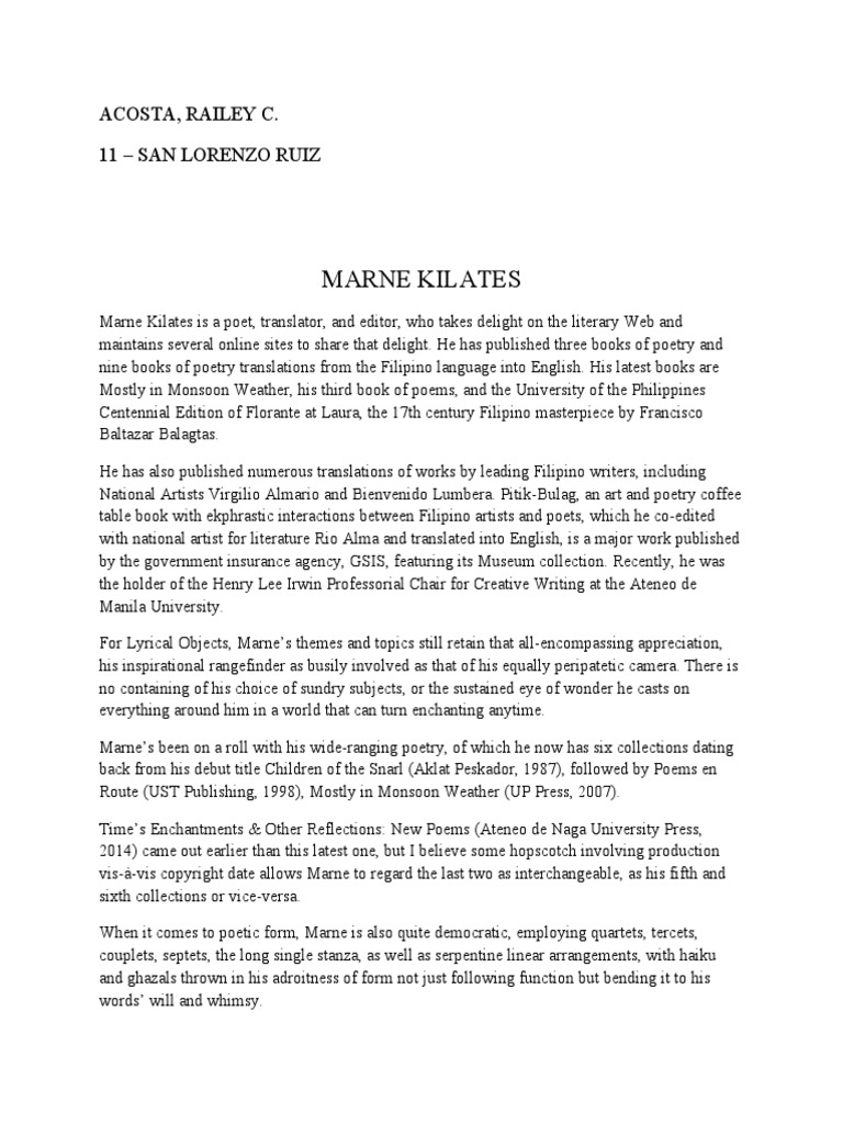Marne Kilates: Acosta, Railey C. 11 - San Lorenzo Ruiz | PDF | Poetry