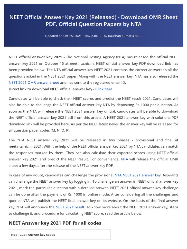NEET 2021 Official Answer Key & OMR Sheet | PDF | Student Assessment ...