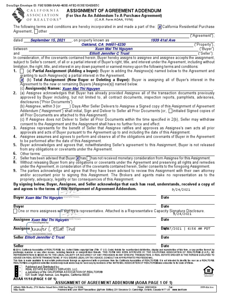 Assignment of Agreement Addendum | PDF | Real Estate Broker | National ...
