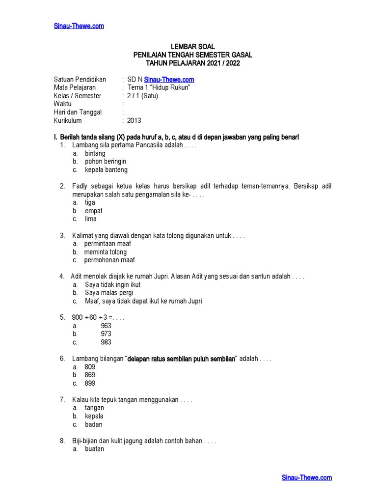 Soal & Jawaban PTS Kelas 2 Tema 1 Semester 1 Tahun 2021 | PDF