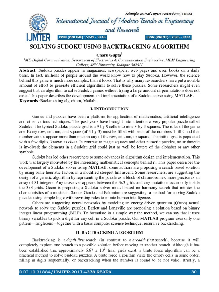 Solving Sudoku Using Backtracking Algorithm Charu Gupta Pdf Applied Mathematics 9428