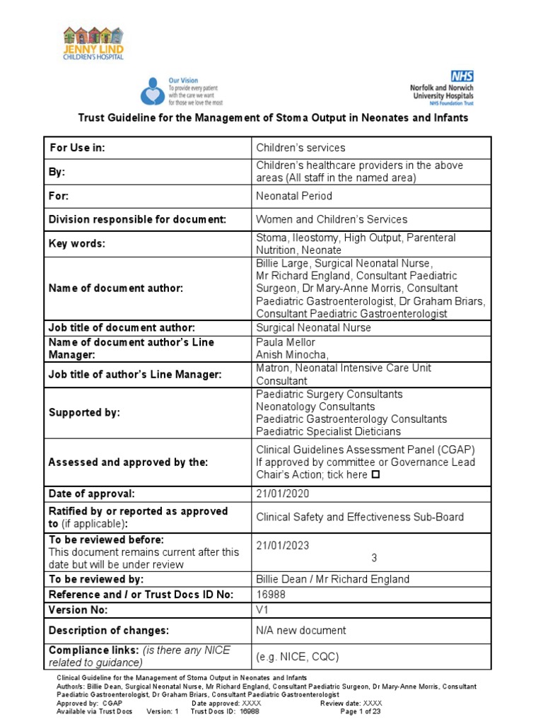 Trust Guideline For The Management of Stoma Output in Neonates and ...