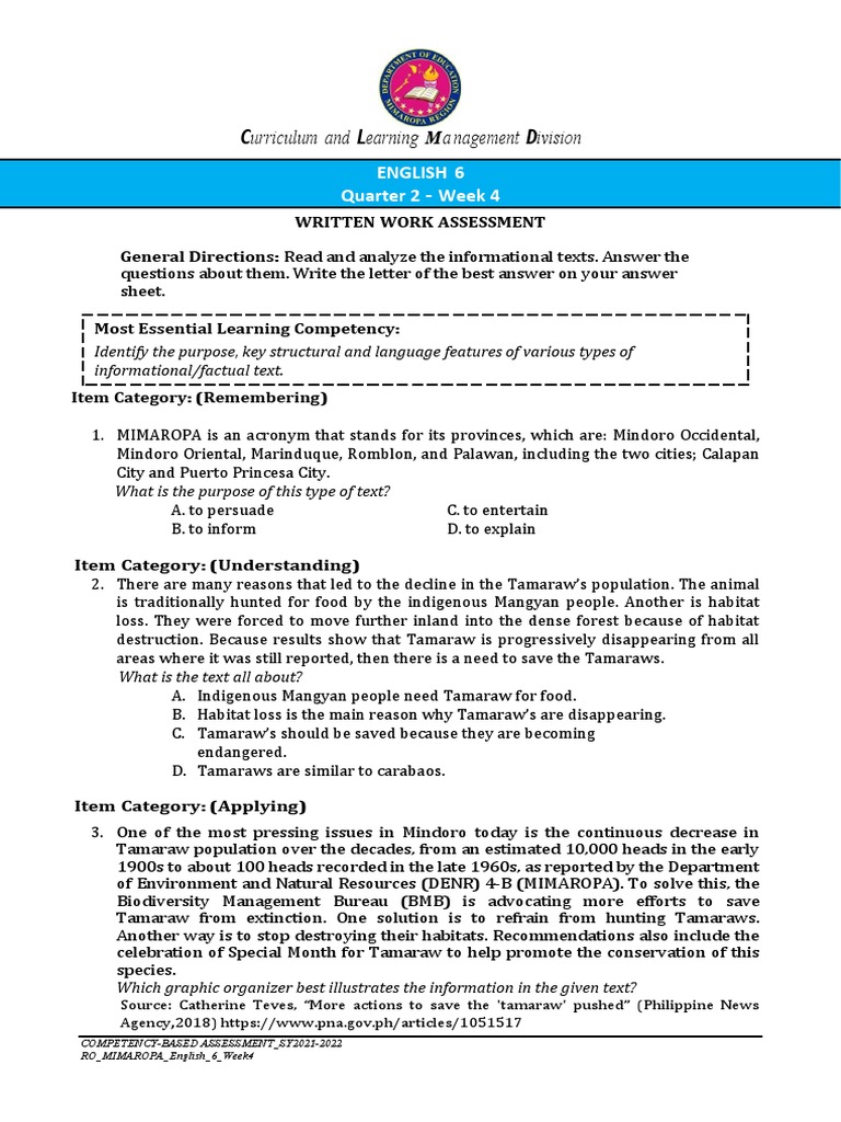 Curriculum and Learning Management Division: English 6 Quarter 2 - Week ...