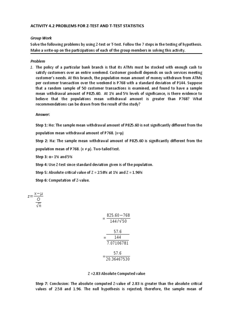 Activity 4.2 Problems For Z-Test and T-Test Statistics: Group Work ...